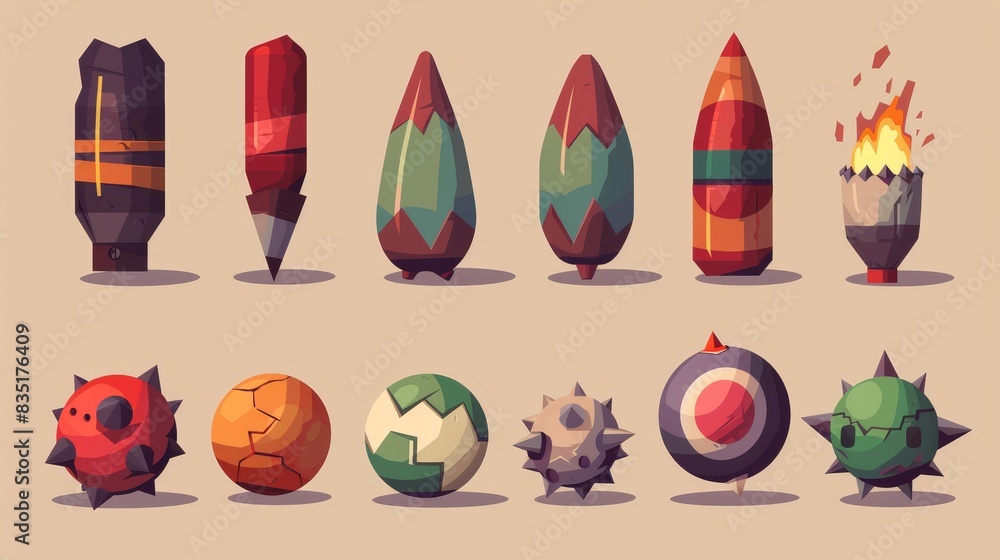 Modern set of cartoon bombs and dynamite. Suitable for explosives and ...