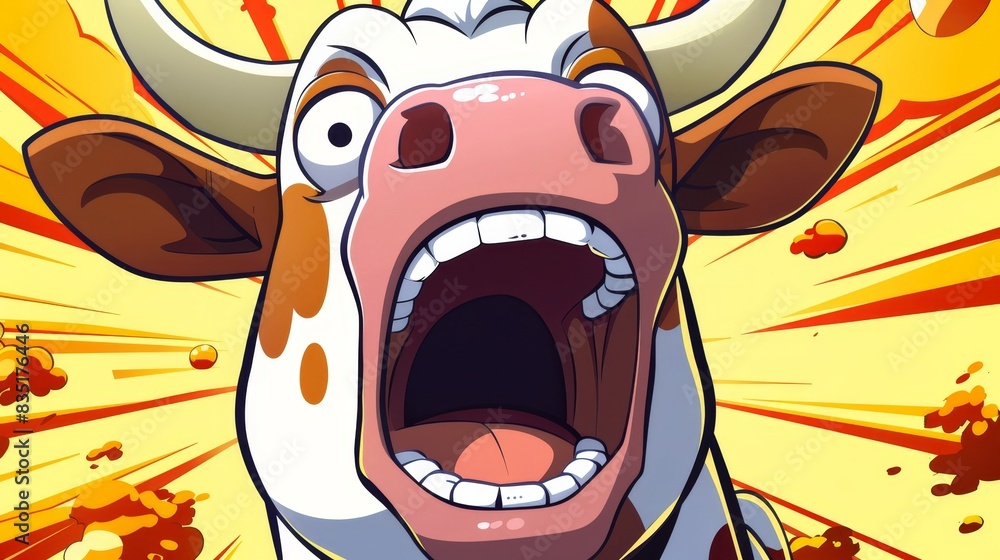 There is a cartoon cow who looks surprised with open mouth terror in a ...
