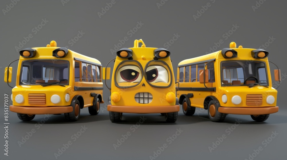 3D cartoon characters of yellow school buses Stock Illustration | Adobe ...