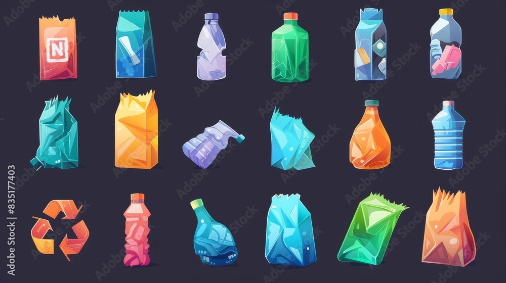 Recycling plastic bags and bottles. Cartoon clipart illustration of ...