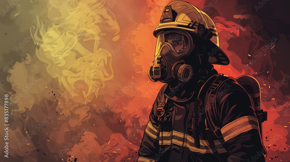 Firefighter in smoke. Digital Illustration of a Firefighter in Action ...
