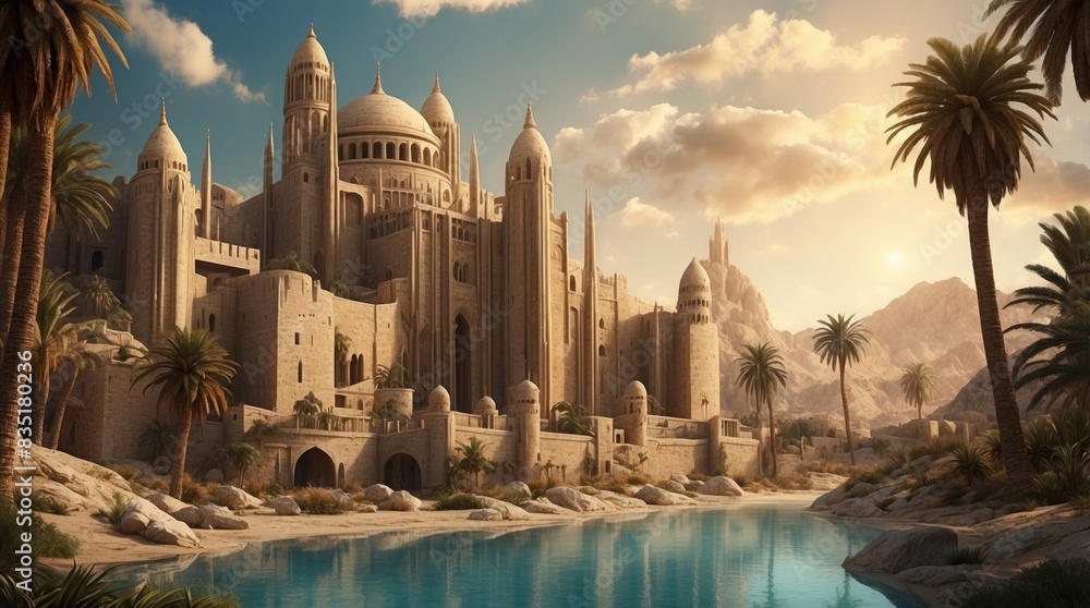 Beautiful fantasy game art, medieval castle between oasis and desert ...