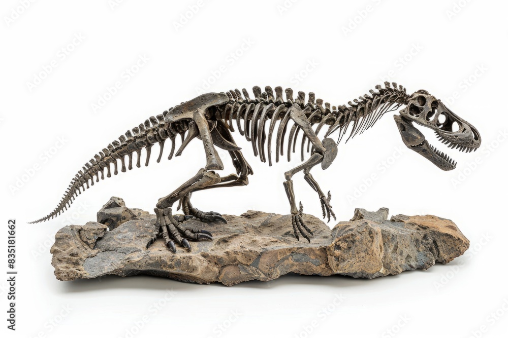 Dinosaur skeleton model mounted on rock base against white background ...
