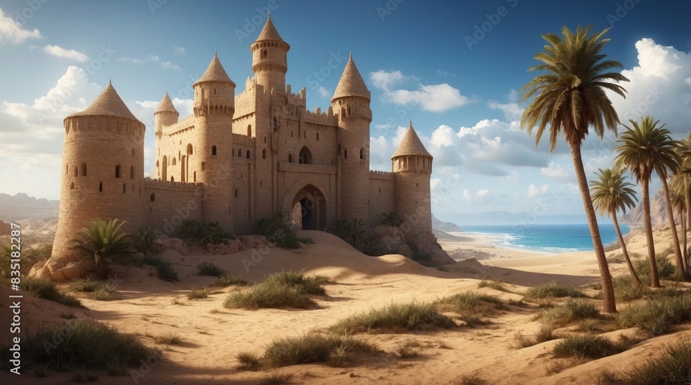 Beautiful fantasy game art, medieval castle between oasis and desert ...
