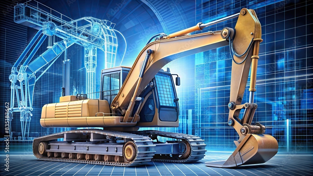 Detailed engineering of an excavator with blueprint overlay enhances ...