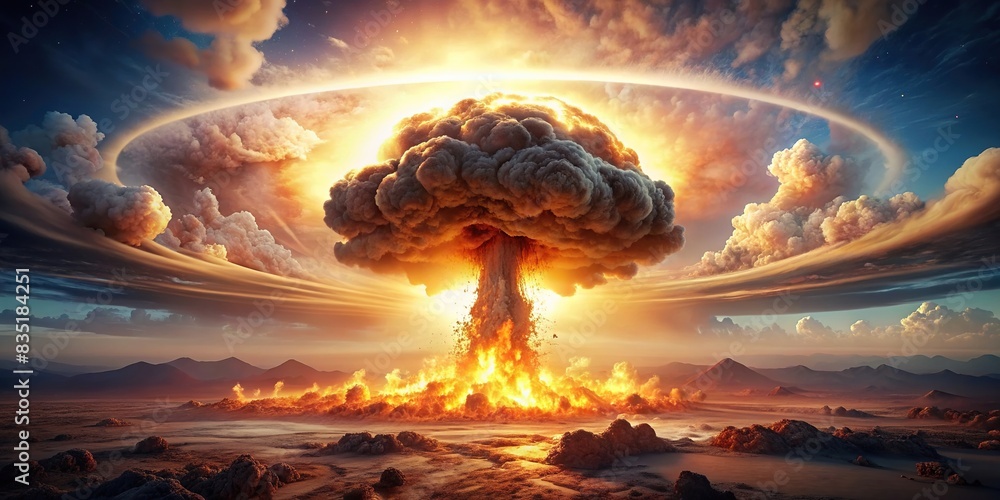 Epic anime style nuclear explosion background with smoke clouds, fire ...