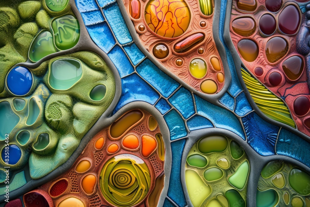Colorful abstract illustration of microscopic cells and structures ...