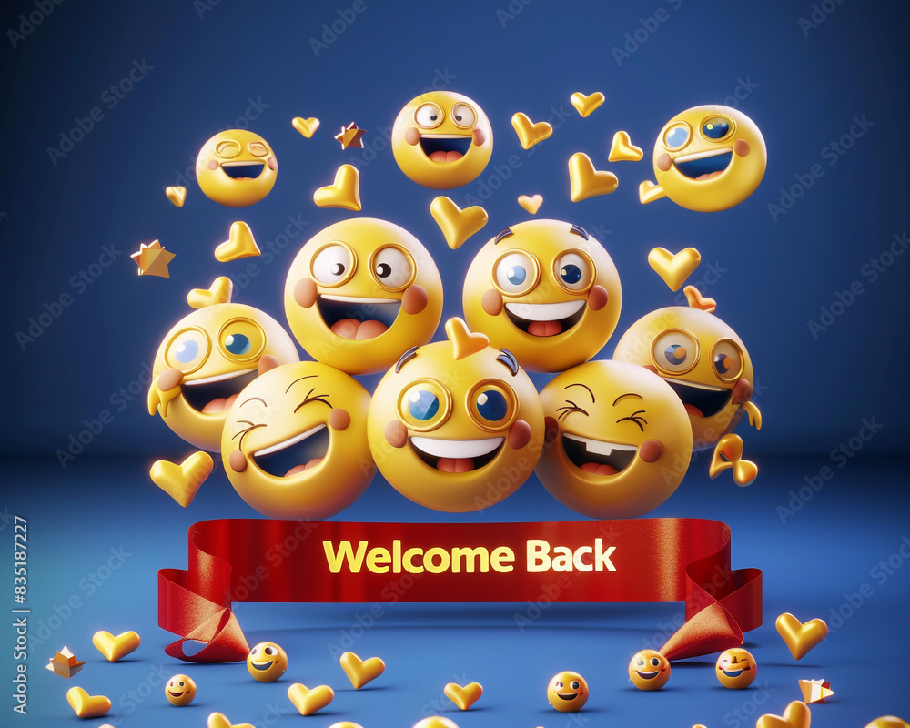 A deep indigo blue backdrop sets the stage for a 3D luxury yellow emoji ...