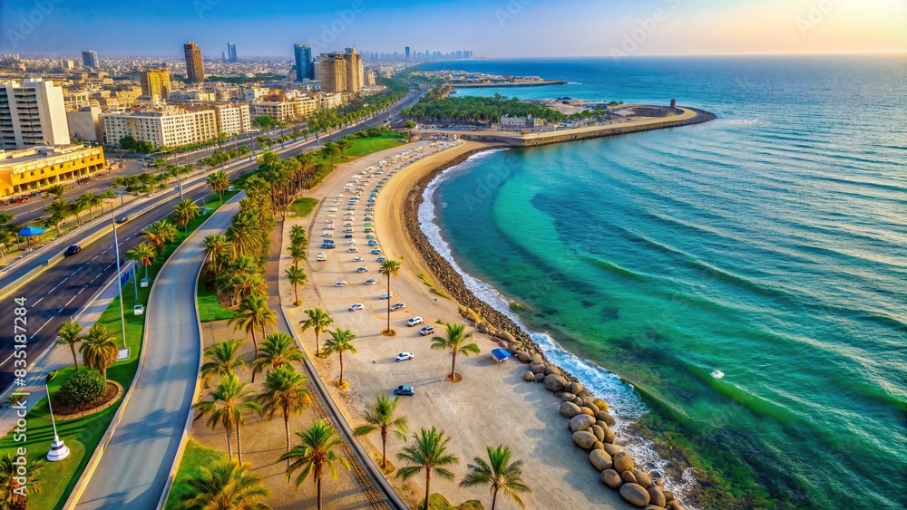 Top view of Jeddah city beach along the Red Sea corniche waterfront ...