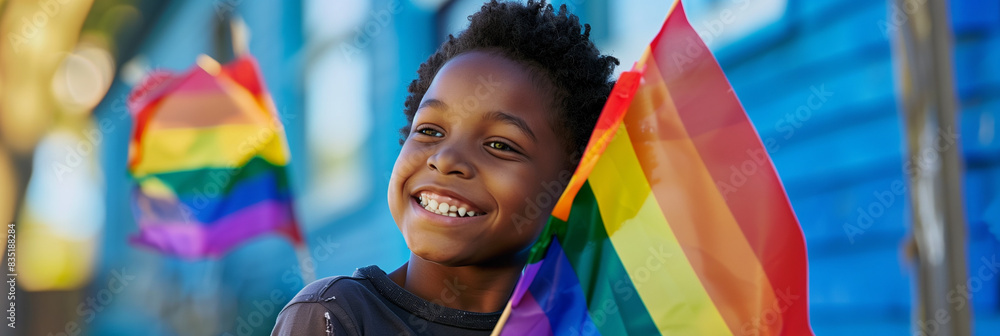 Happy mixed race child holding rainbow flags at summer pride event ...
