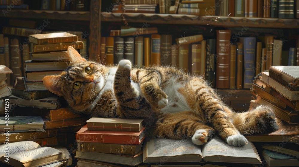 Plump cat lying on a stack of books, looking up with a curious ...