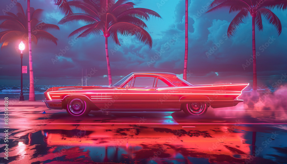 90s car on neon sunset strip driving towards horizon. 3D 80s retro wave ...