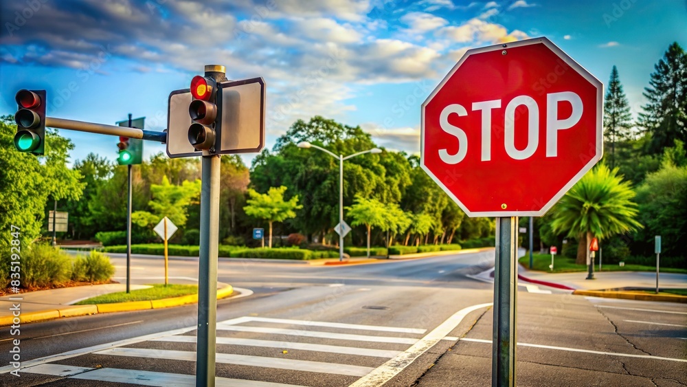 Intersection with stop sign and one way sign, traffic, directions, road ...