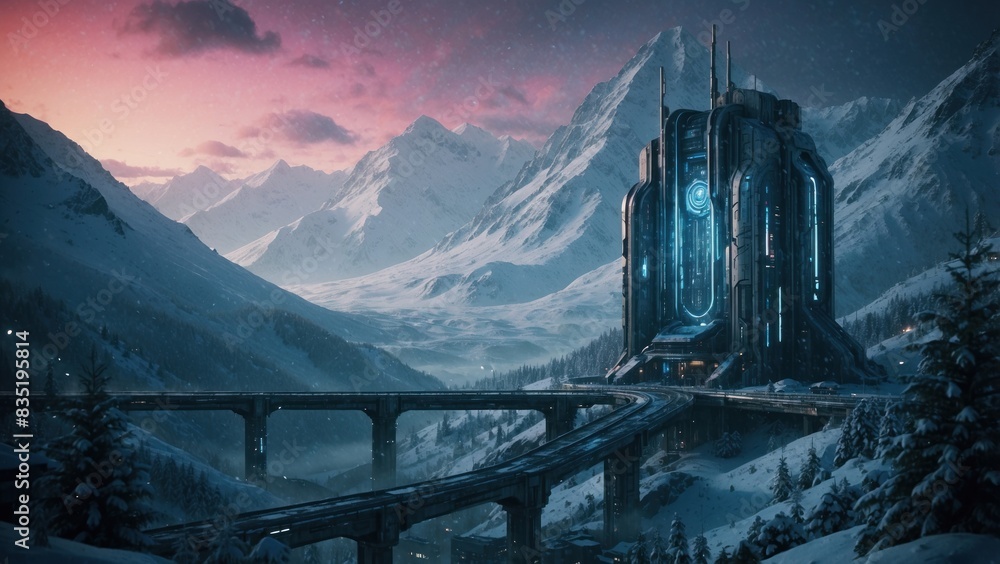 Game art showing cyber technical layout of buildings constituting a ...