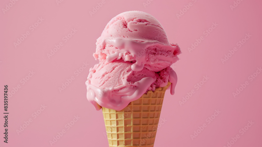 Pink melting ice cream on a cone in front of a matching pink background ...