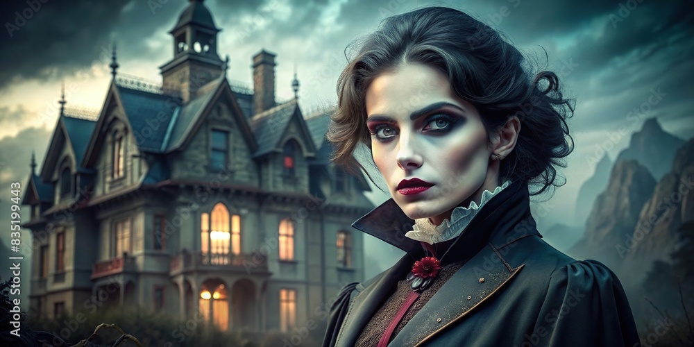 Victorian-era vampire portrait with aged mansion in the background ...