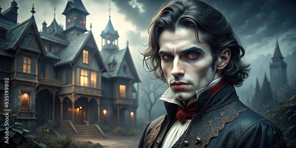Victorian-era vampire portrait with aged mansion in the background ...
