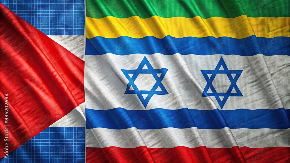 background image featuring flags of America, Iran, Palestine, Israel ...