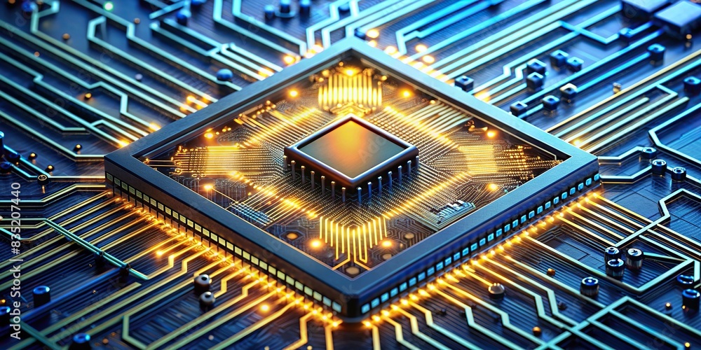 ภาพประกอบสต็อก Futuristic quantum computer chip technology on circuit ...