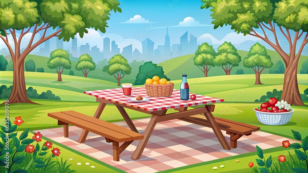 Cartoon of a picnic table in a park setting , picnic, table, outdoor ...