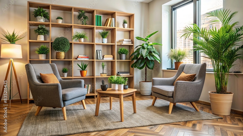 of a cozy counseling office with two chairs, plants, and a bookshelf ...