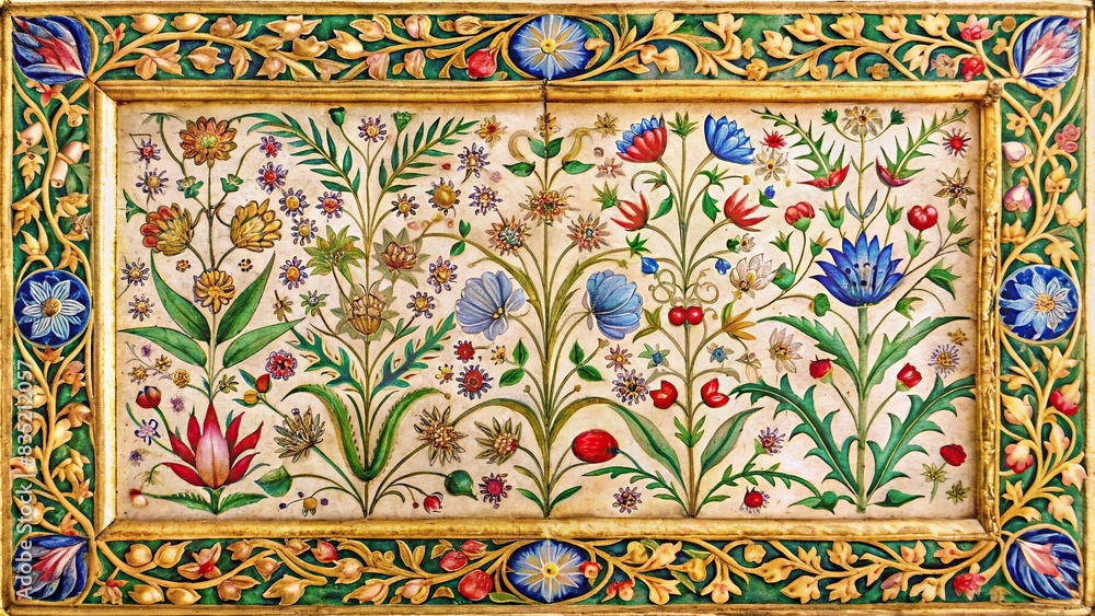 Botanical medieval manuscript golden frame border with intricate floral ...