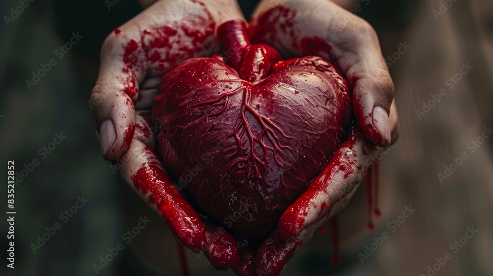 Fotografía Close-up of a hand gripping a real bleeding human heart ...
