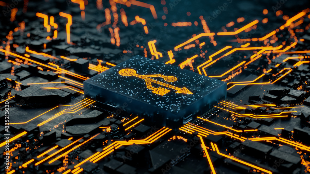 Interface Technology Concept with usb symbol on a Microchip. Data flows ...