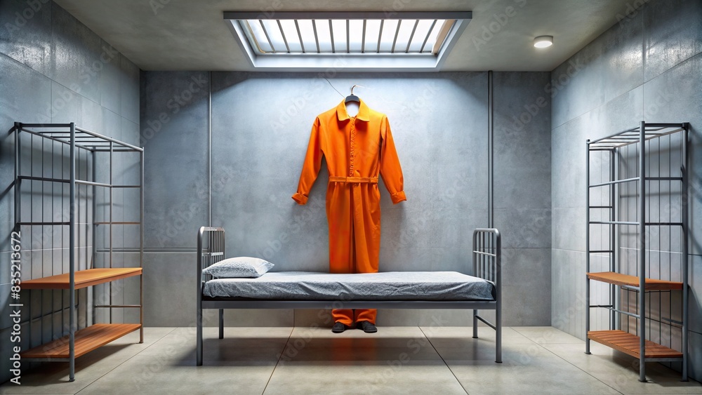 Empty prison cell with a single orange prisoner suit hanging on a metal ...