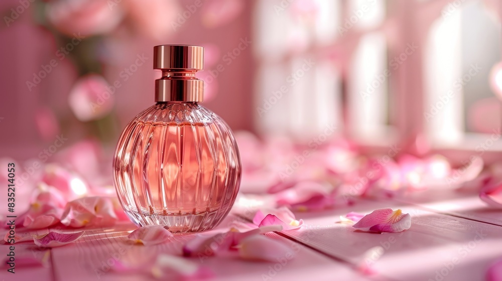 Artistic composition of a rose gold perfume bottle with scattered ...