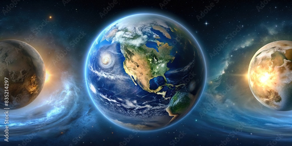 360 degree space background with Planet Earth and Moon in high ...