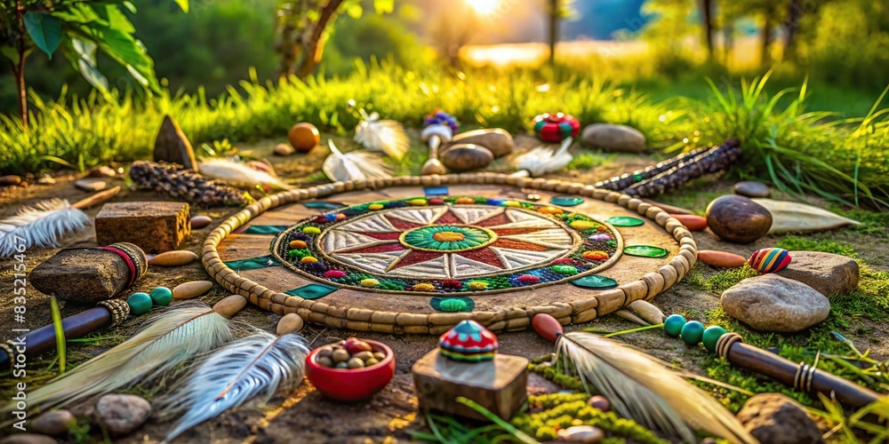 Sacred medicine wheel symbols and motifs in a tranquil natural setting ...