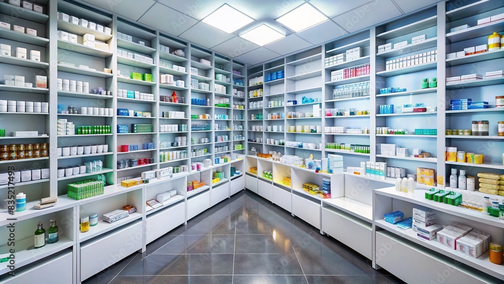 Pharmaceutical store interior with shelves of medication and products ...