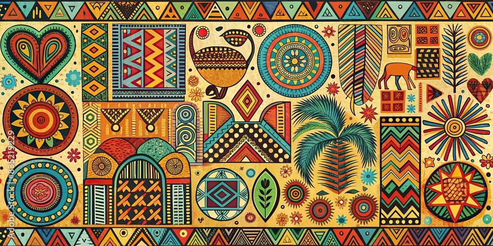 Colorful African abstract art shapes on pastel background with tribal ...