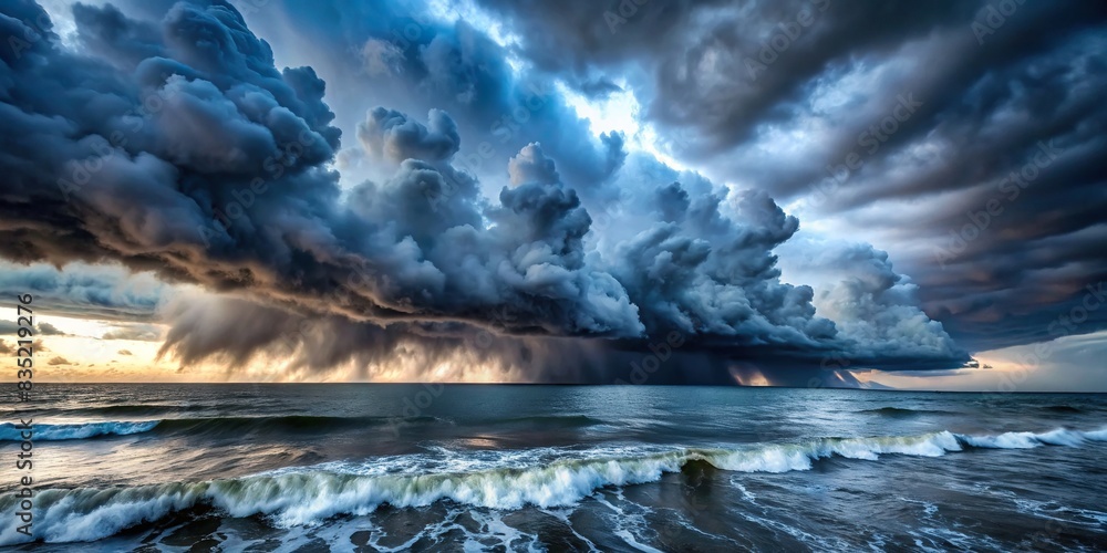 Dark storm clouds rolling over the choppy sea at night, storm, sea ...
