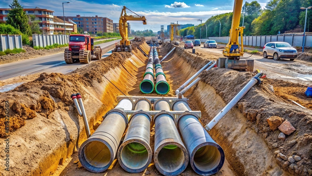 Storm sewer pipes being installed on a construction site, with water ...