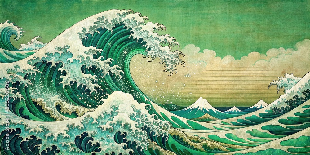 Emerald green dynamic wave with Japanese paper texture in Hokusai style ...