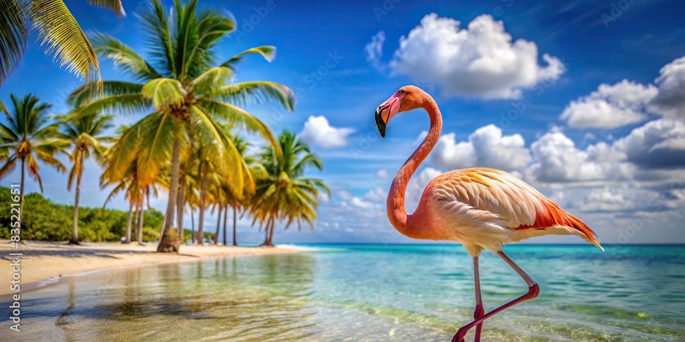 Pink flamingo relaxing on a tropical island beach with palm trees and ...