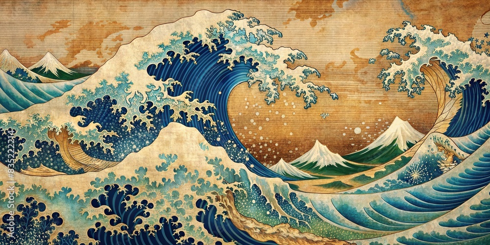 Traditional Japanese Ukiyoe style ocean waves with an old map texture ...