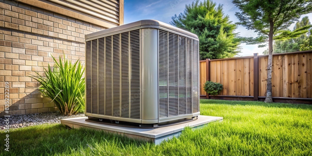 High-resolution image of an outdoor air conditioner unit in a backyard ...