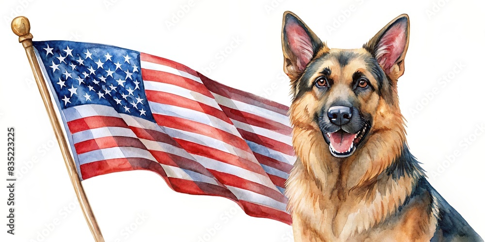 German Shepherd Dog with American flag watercolor clip art for ...