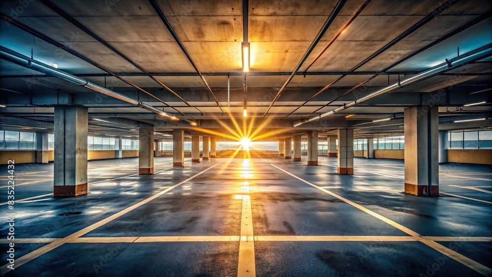 Empty underground parking with sunlight through skylight portal ...