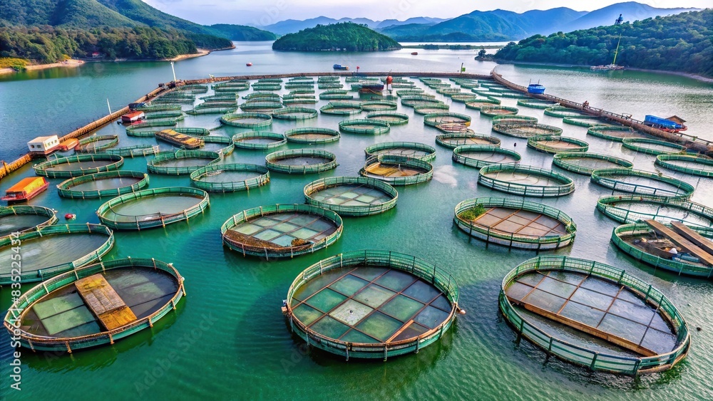 Aerial view of a fish farm with numerous fish enclosures on cages, fish ...