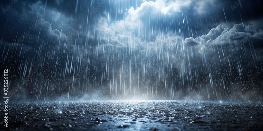 Heavy rain falling on a dark background with fog, illuminated from the ...