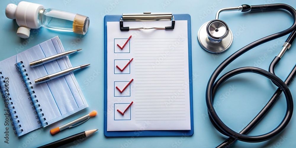 Doctor's checklist with health symbols and medical equipment, doctor ...
