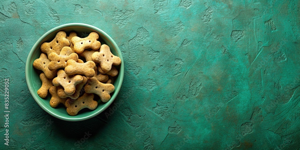Top view of a teal bowl with dog biscuits on a textured green surface ...