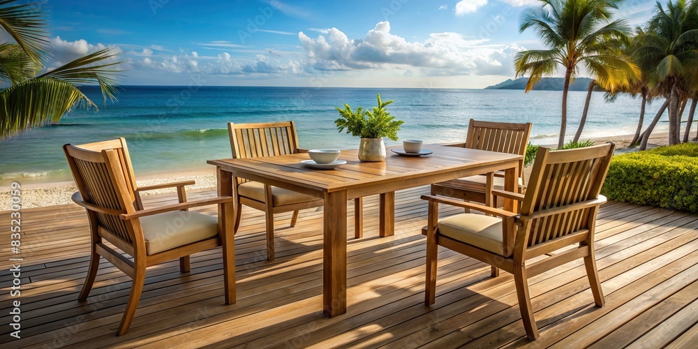 Tranquil teak table overlooking scenic beach patio for product ...