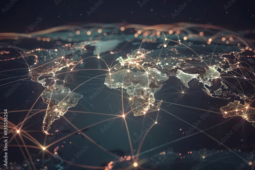 Digital World Map with Moving Trade Routes and Data Streams Stock ...