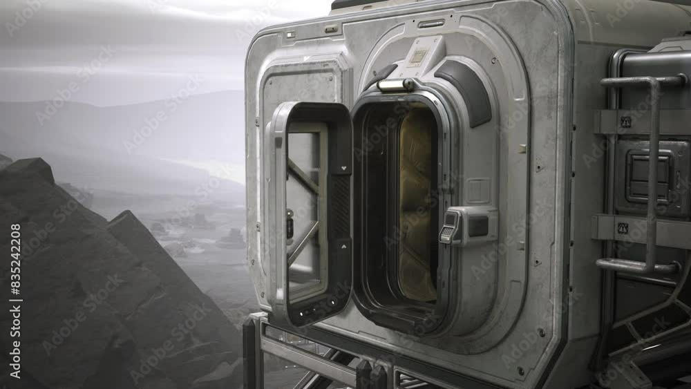 Airlock opens on top of futuristic modular exploration base, highly ...