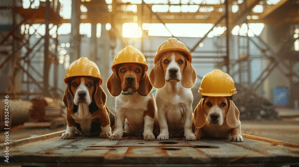 Adorable Beagles Wearing Construction Hardhats on a Busy Industrial ...